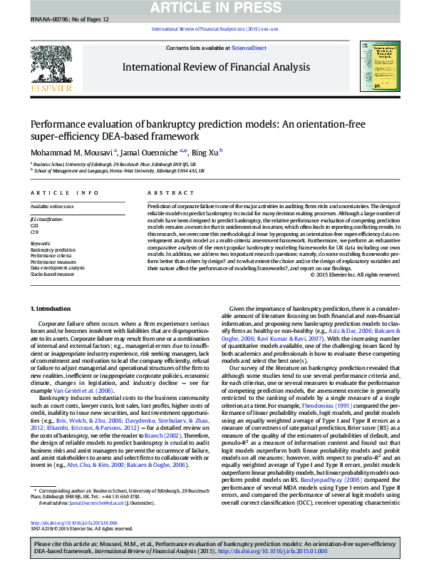 (PDF) Performance Evaluation of Bankruptcy Prediction Models: An ...