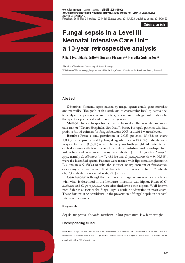 (PDF) Fungal sepsis in a Level III Neonatal Intensive Care Unit: a 10-year retrospective analysis