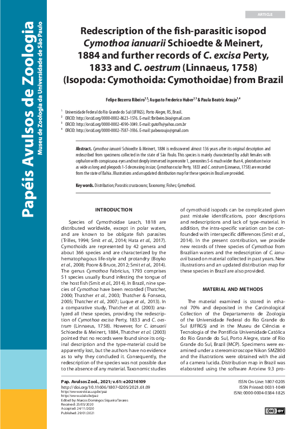 (PDF) Redescription of the fish-parasitic isopod Cymothoa ianuarii ...