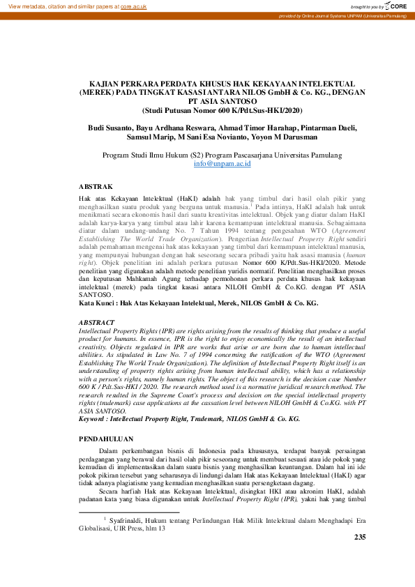 (PDF) KAJIAN PERKARA PERDATA KHUSUS HAK KEKAYAAN INTELEKTUAL (MEREK) PADA TINGKAT KASASI ANTARA ...