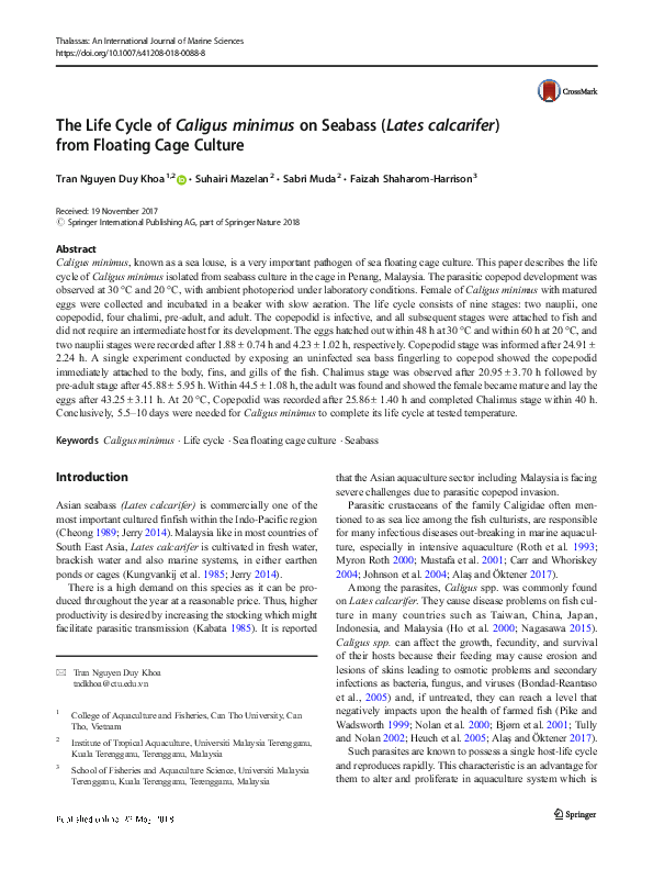 (PDF) The Life Cycle of Caligus minimus on Seabass (Lates calcarifer ...