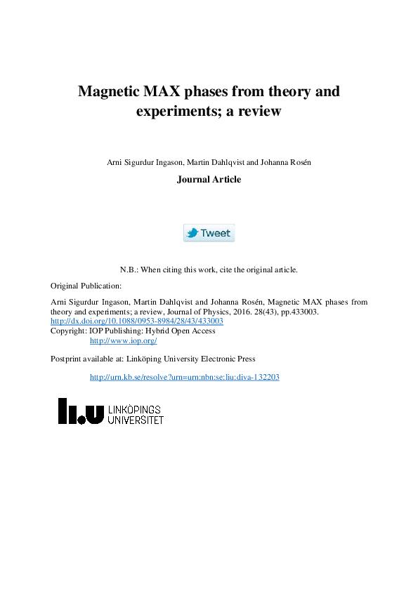 (PDF) Magnetic MAX phases from theory and experiments; a review