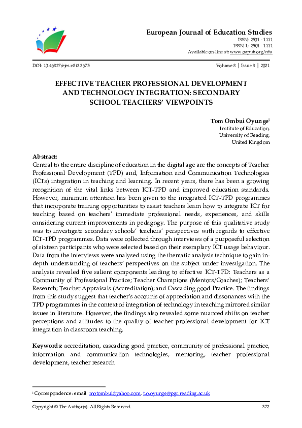 (PDF) Effective Teacher Professional Development and Technology ...