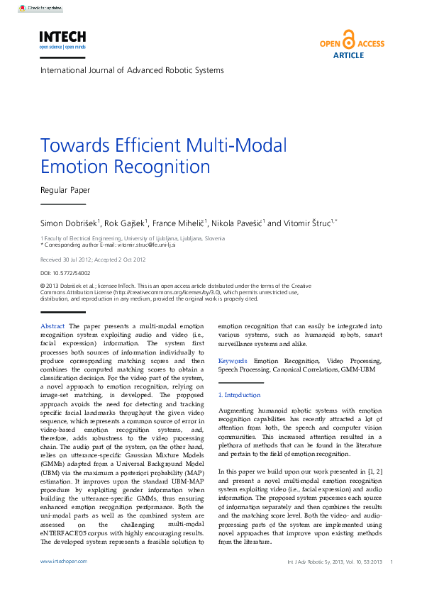 (PDF) Towards Efficient Multi-Modal Emotion Recognition | Simon Dobrišek - Academia.edu