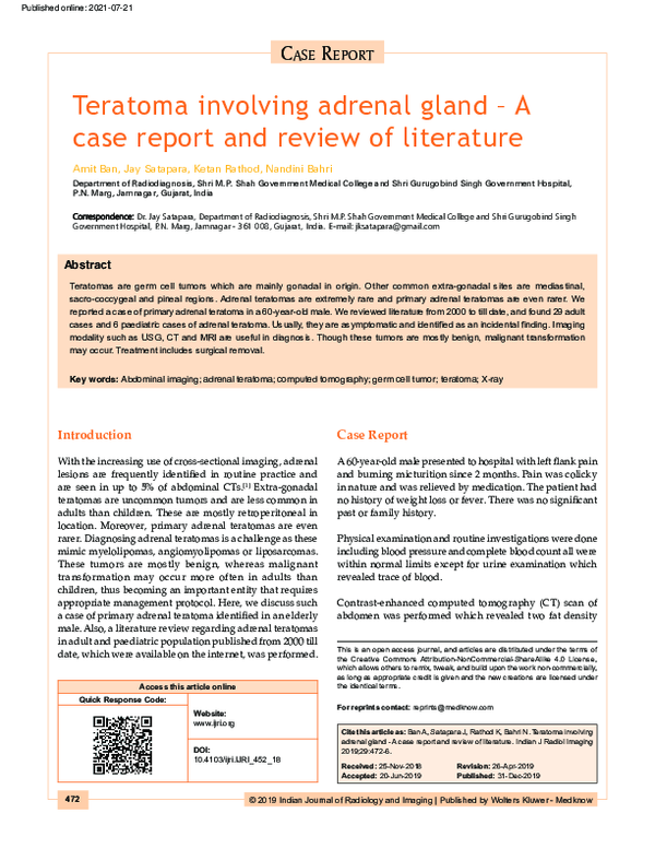 Pdf Rare Primary Adrenal Teratoma Case Review