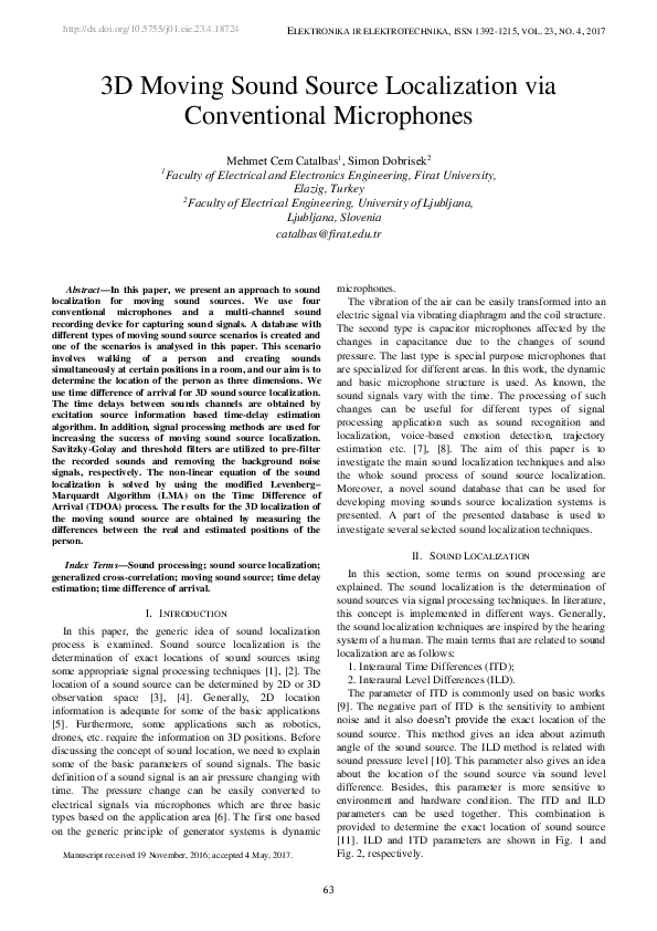 (PDF) 3D Moving Sound Source Localization via Conventional Microphones