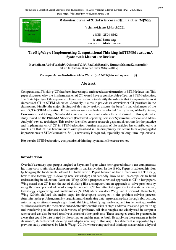 Pdf The Big Why Of Implementing Computational Thinking In Stem