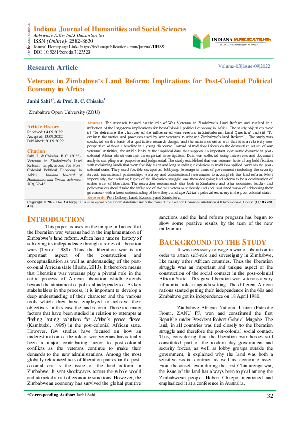 (PDF) Veterans in Zimbabwe's Land Reform: Implications for Post-Colonial Political Economy in Africa