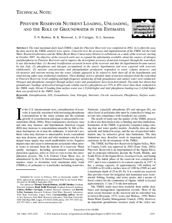 (PDF) Technical Note: Pineview Reservoir Nutrient Loading, Unloading, and the Role of ...