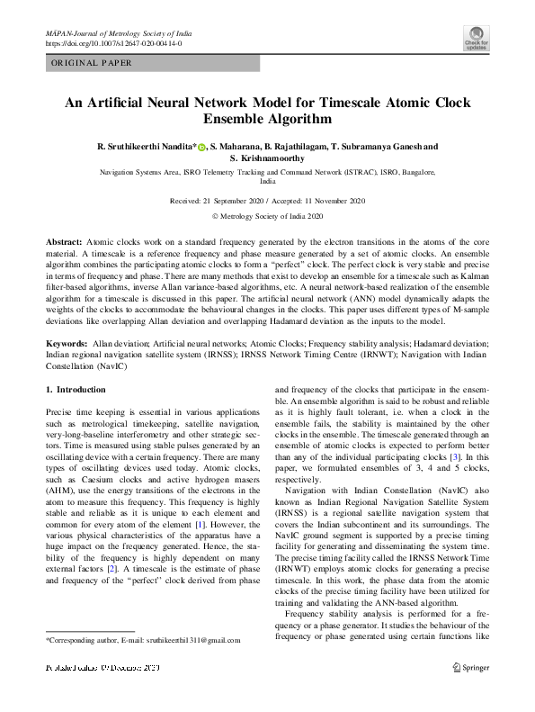 (PDF) An Artificial Neural Network Model for Timescale Atomic Clock Ensemble Algorithm