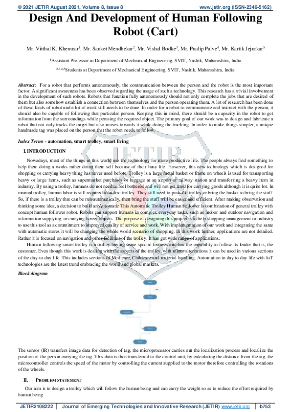 (PDF) Design And Development of Human Following Robot (Cart)