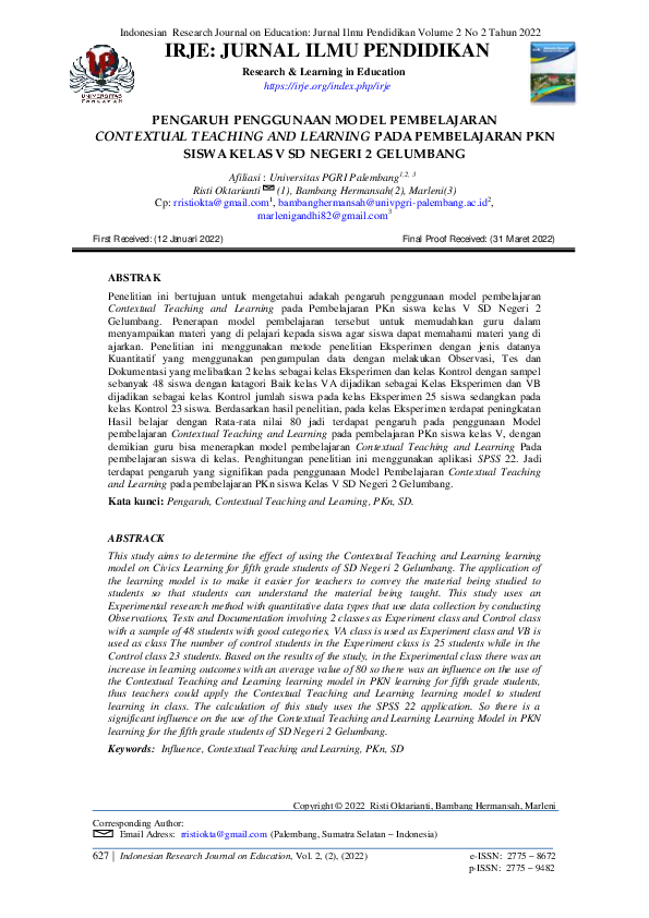 (PDF) Pengaruh Penggunaan Model Pembelajaran Contextual Teaching and Learning (CTL) Terhadap ...