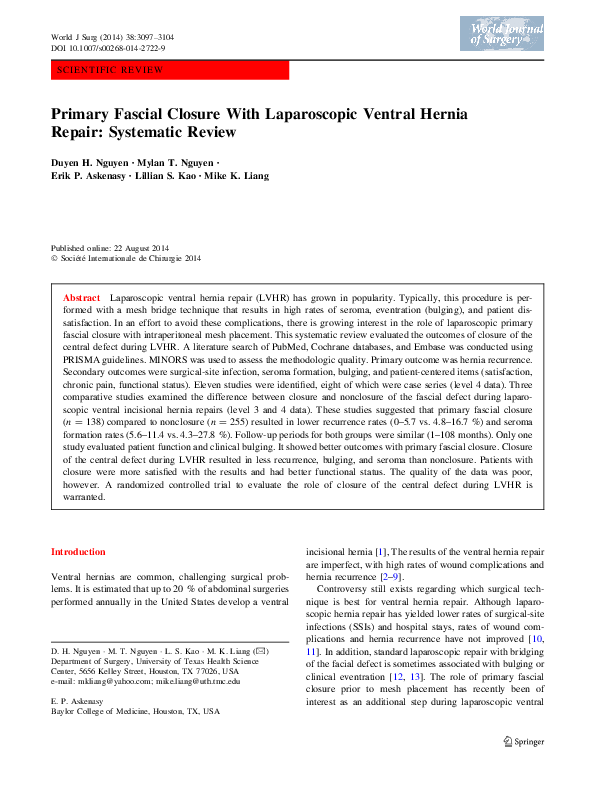 (PDF) Primary Fascial Closure With Laparoscopic Ventral Hernia Repair: Systematic Review | Duyên ...