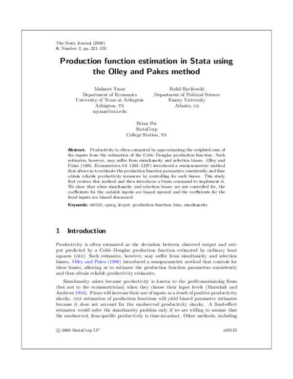 (PDF) Production Function Estimation in Stata Using the Olley and Pakes Method