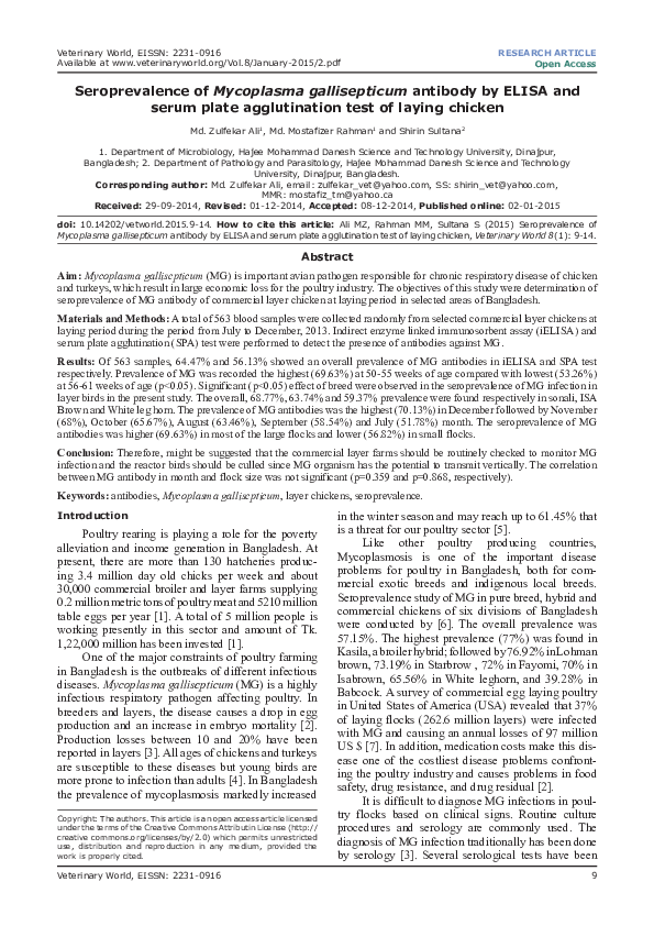 (PDF) Seroprevalence of Mycoplasma gallisepticum antibody by ELISA and ...