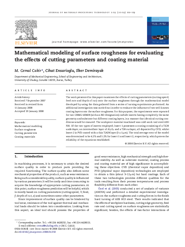 (PDF) Mathematical modeling of surface roughness for evaluating the effects of cutting ...