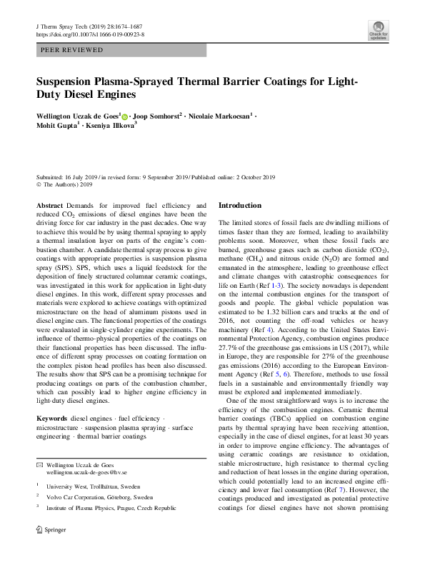(PDF) Suspension Plasma-Sprayed Thermal Barrier Coatings for Light-Duty Diesel Engines | Joop ...