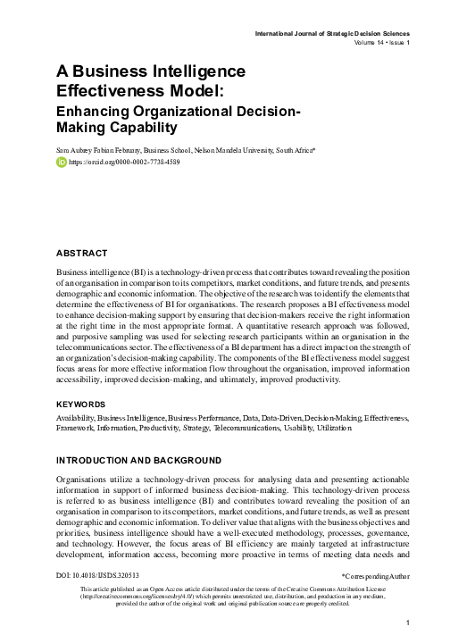 (PDF) A Business Intelligence Effectiveness Model | Sam A F February ...