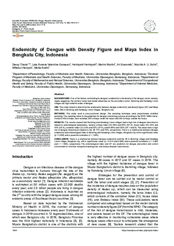 (PDF) Endemicity of Dengue with Density Figure and Maya Index in Bengkulu City, Indonesia