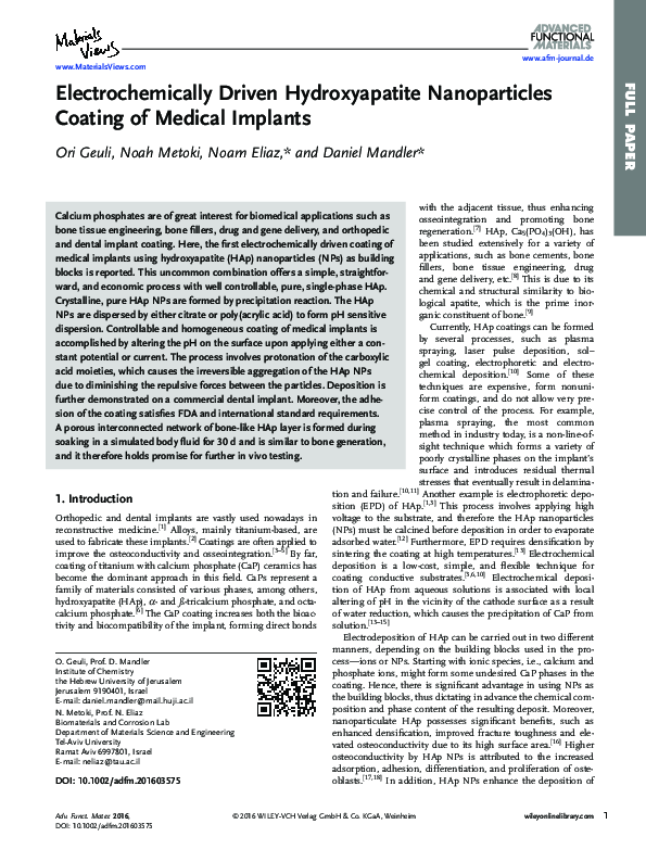 (PDF) Electrochemically Driven Hydroxyapatite Nanoparticles Coating of ...