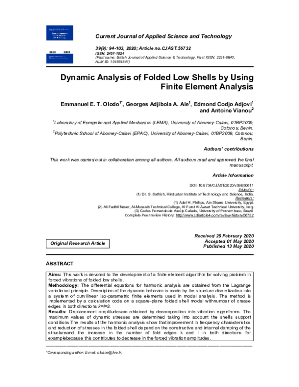(PDF) Dynamic Analysis of Folded Low Shells by Using Finite Element Analysis
