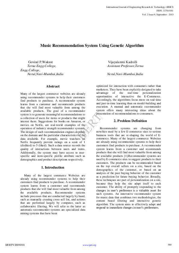(PDF) Music Recommendation System Using Genetic Algorithm | vijayalaxmi kadrolli - Academia.edu