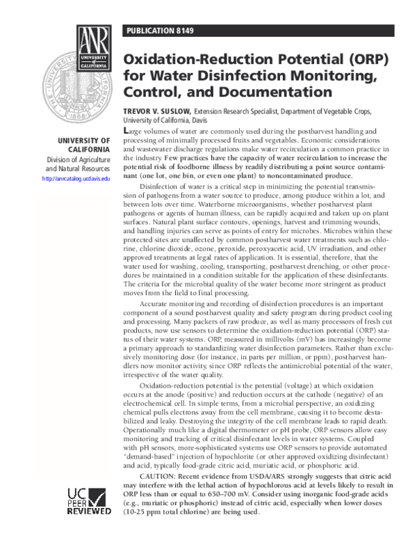 (PDF) Oxidation-Reduction Potential (ORP) for Water Disinfection Monitoring, Control, and ...