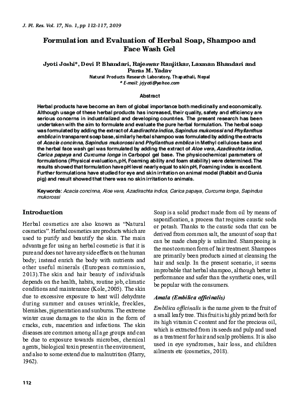 (PDF) Formulation and Evaluation of Herbal Soap, Shampoo and Face Wash Gel