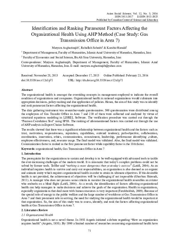 Pdf Identification And Ranking Paramount Factors Affecting The Organizational Health Using Ahp