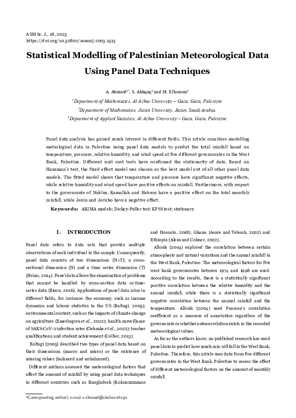 (PDF) Statistical Modelling of Palestinian Meteorological Data Using Panel Data Techniques