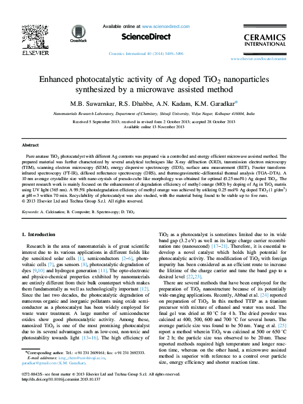 (PDF) Enhanced photocatalytic activity of Ag doped TiO2 nanoparticles synthesized by a microwave ...