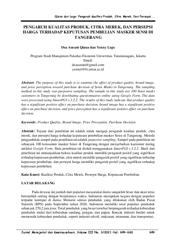 (PDF) Pengaruh Kualitas Produk, Citra Merek, Dan Persepsi Harga Terhadap Keputusan Pembelian ...