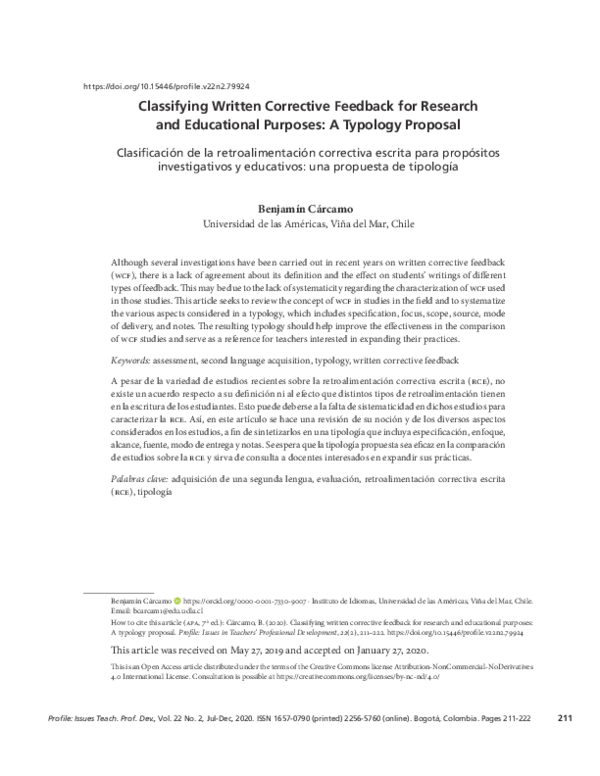 (PDF) Classifying Written Corrective Feedback for Research and Educational Purposes: A Typology ...