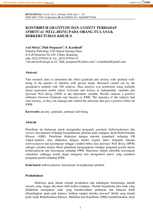 (PDF) Kontribusi Gratitude Dan Anxiety Terhadap Spiritual Well-Being Pada Orang Tua Anak ...