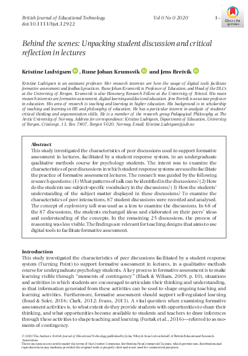 (PDF) Behind the scenes: Unpacking student discussion and critical reflection in lectures