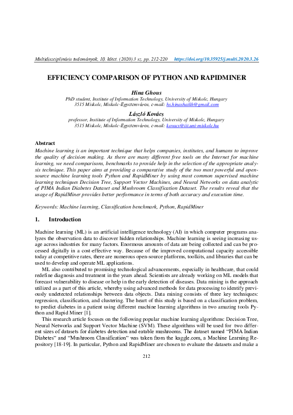 (PDF) Efficiency comparison of Python and RapidMiner