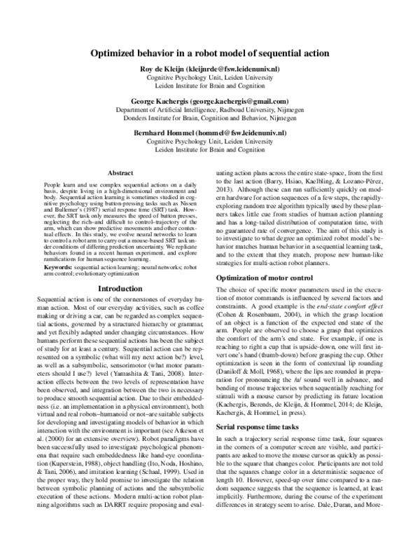 (PDF) Optimized behavior in a robot model of sequential action