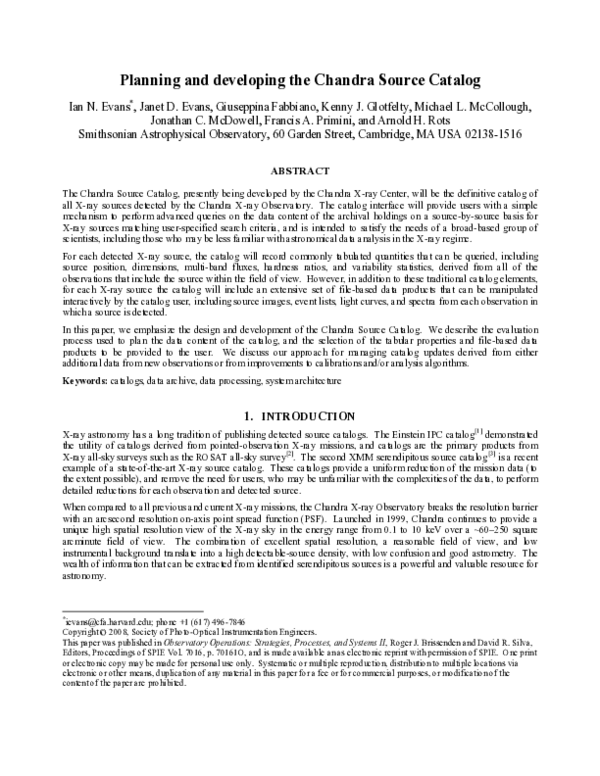(PDF) Planning and developing the Chandra Source Catalog