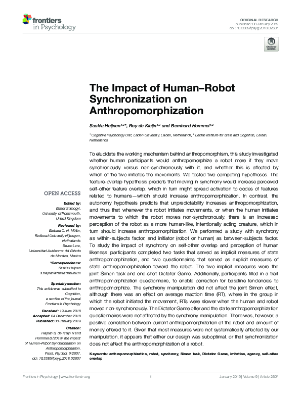 (PDF) The Impact of Human–Robot Synchronization on Anthropomorphization
