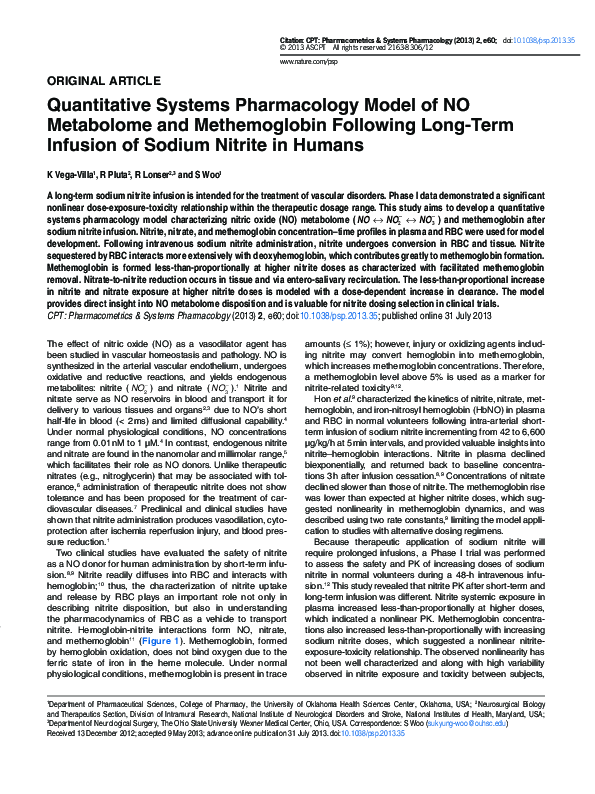 (PDF) Quantitative Systems Pharmacology Model of NO Metabolome and ...