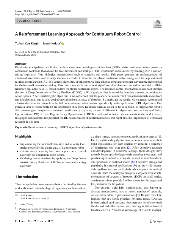 (PDF) A Reinforcement Learning Approach for Continuum Robot Control