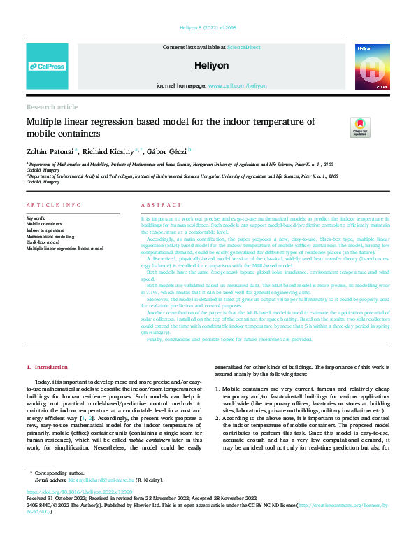 (PDF) Multiple linear regression based model for the indoor temperature of mobile containers ...