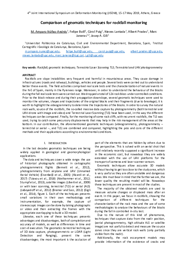 (PDF) Comparison of several geomatic techniques for rockfall monitoring