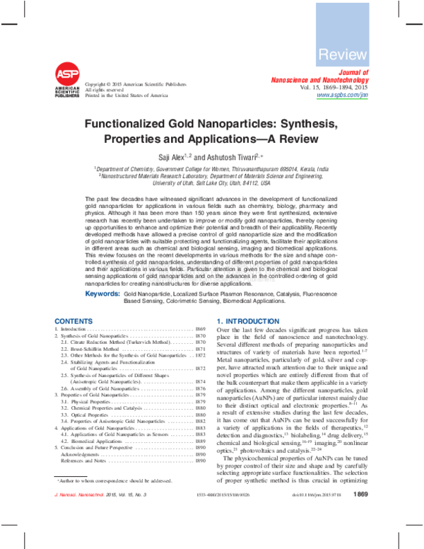 (PDF) Functionalized Gold Nanoparticles: Synthesis, Properties and Applications—A Review