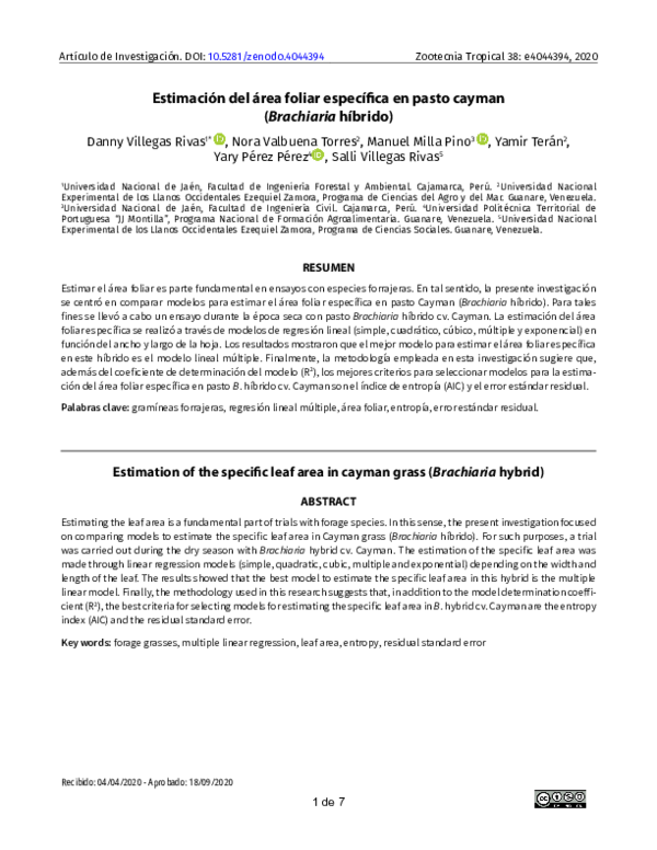 (PDF) Estimación del área foliar específica en pasto cayman (Brachiaria ...