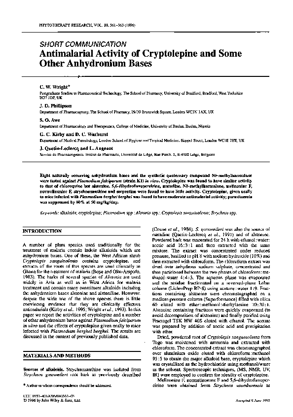 (PDF) Antimalarial Activity of Cryptolepine and Some Other Anhydronium ...
