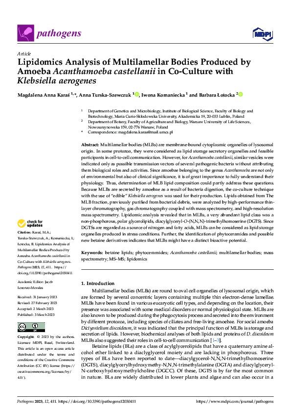 (PDF) Lipidomics Analysis of Multilamellar Bodies Produced by Amoeba ...