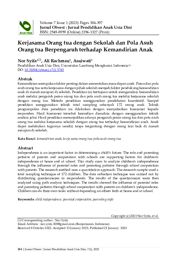 (PDF) Kerjasama Orang tua dengan Sekolah dan Pola Asuh Orang tua Berpengaruh terhadap ...