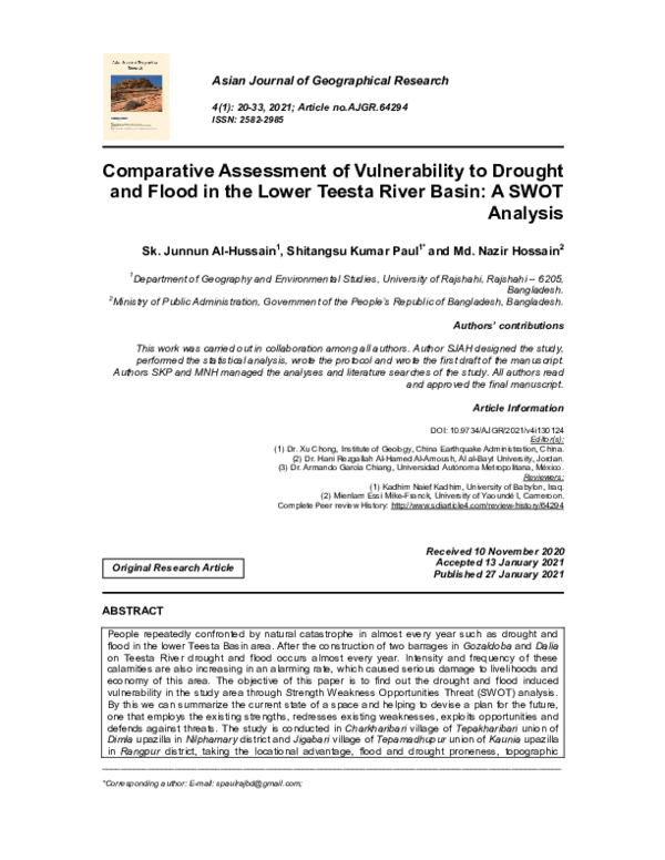 (PDF) Comparative Assessment of Vulnerability to Drought and Flood in the Lower Teesta River ...