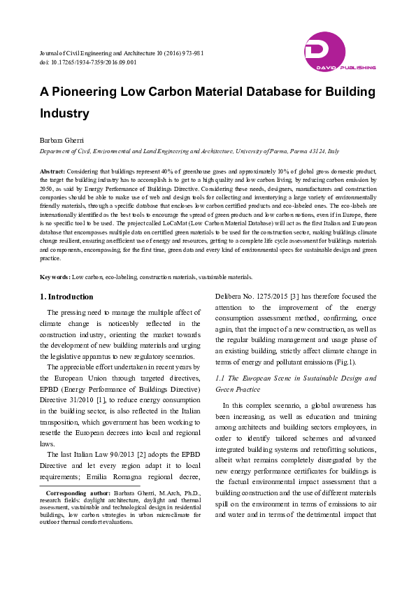 (PDF) A Pioneering Low Carbon Material Database for Building Industry